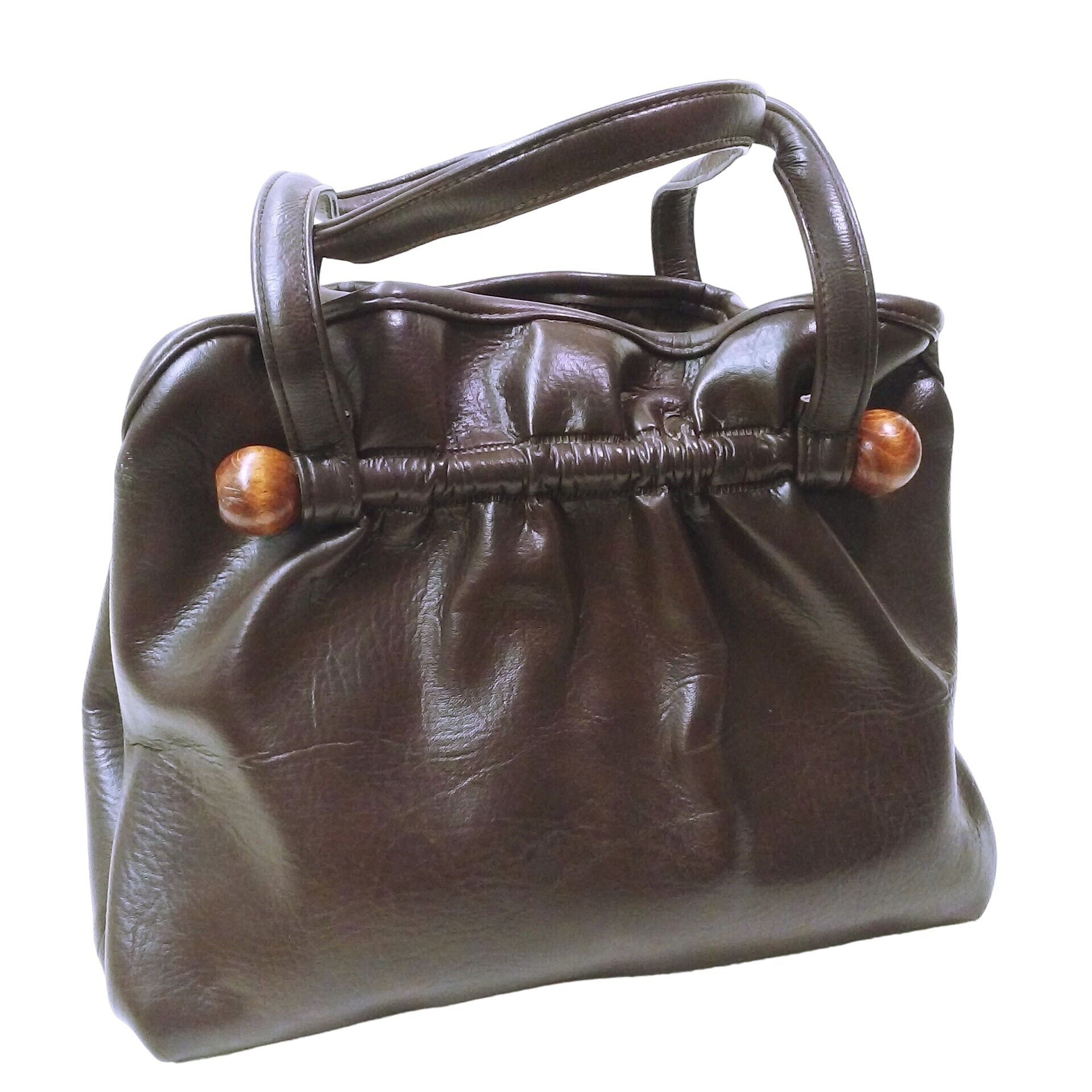 Vintage 60s-70s Top-handle Handbag Hinged Frame Vegan Vinyl Ruffle Wood ...