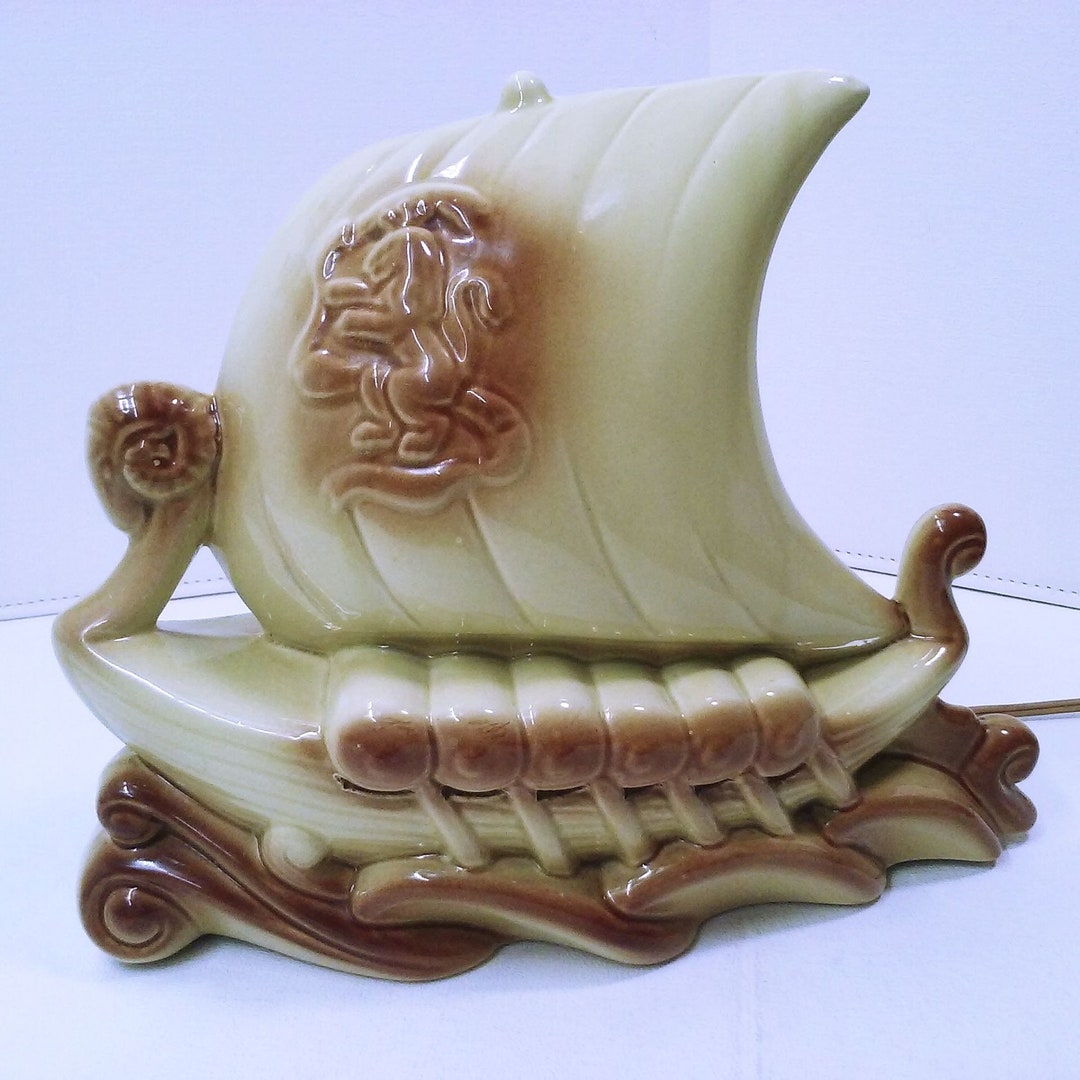Vintage 50s Ceramic Ship TV Lamp Viking Drakkar Nautical Sail Oars ...