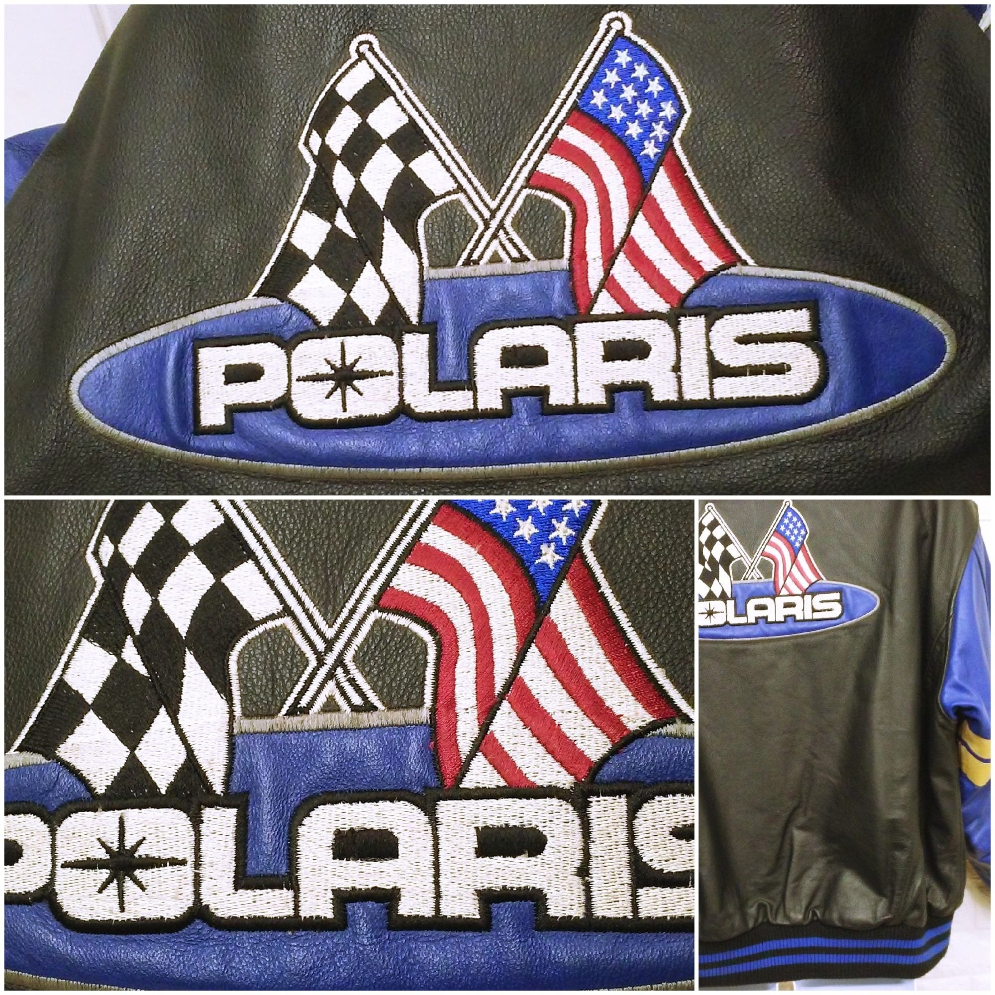 Vintage 80s Polaris Leather Bomber Jacket Mens-xl Embroidered Logos Patches Moto Varsity Racing ...