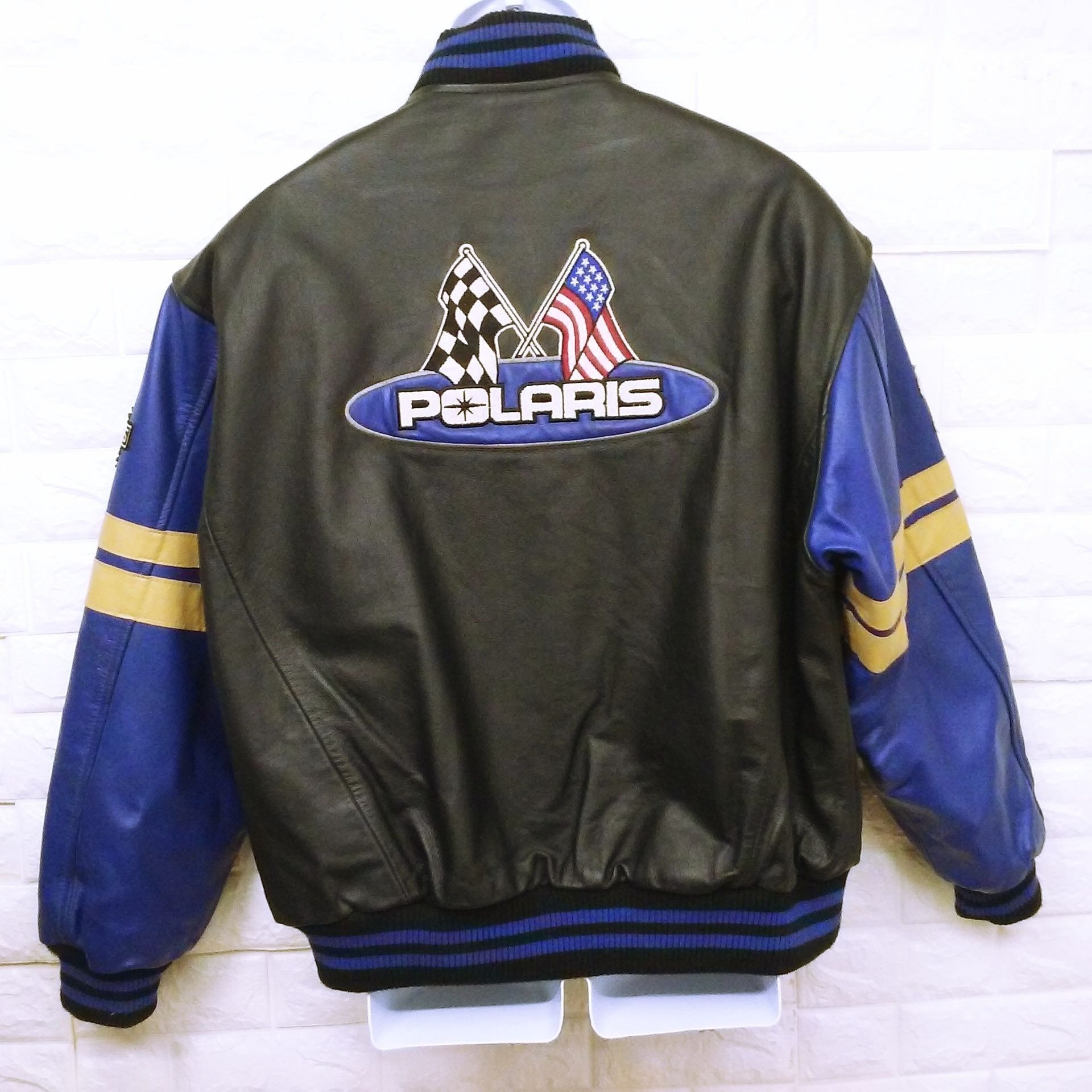 Vintage 80s Polaris Leather Bomber Jacket Mens-xl Embroidered Logos Patches Moto Varsity Racing ...