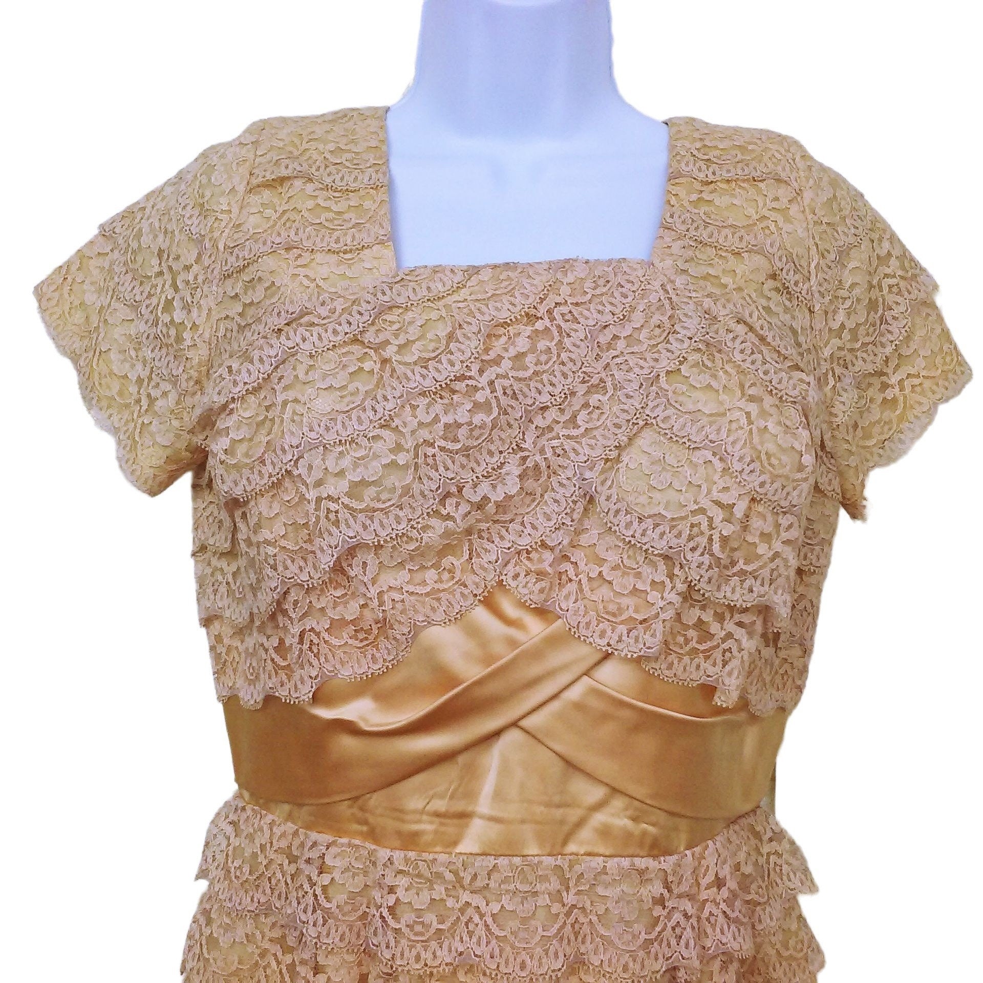 Vintage 50s-60s Handmade Tiered Lace & Satin Wiggle Sheath Dress ...