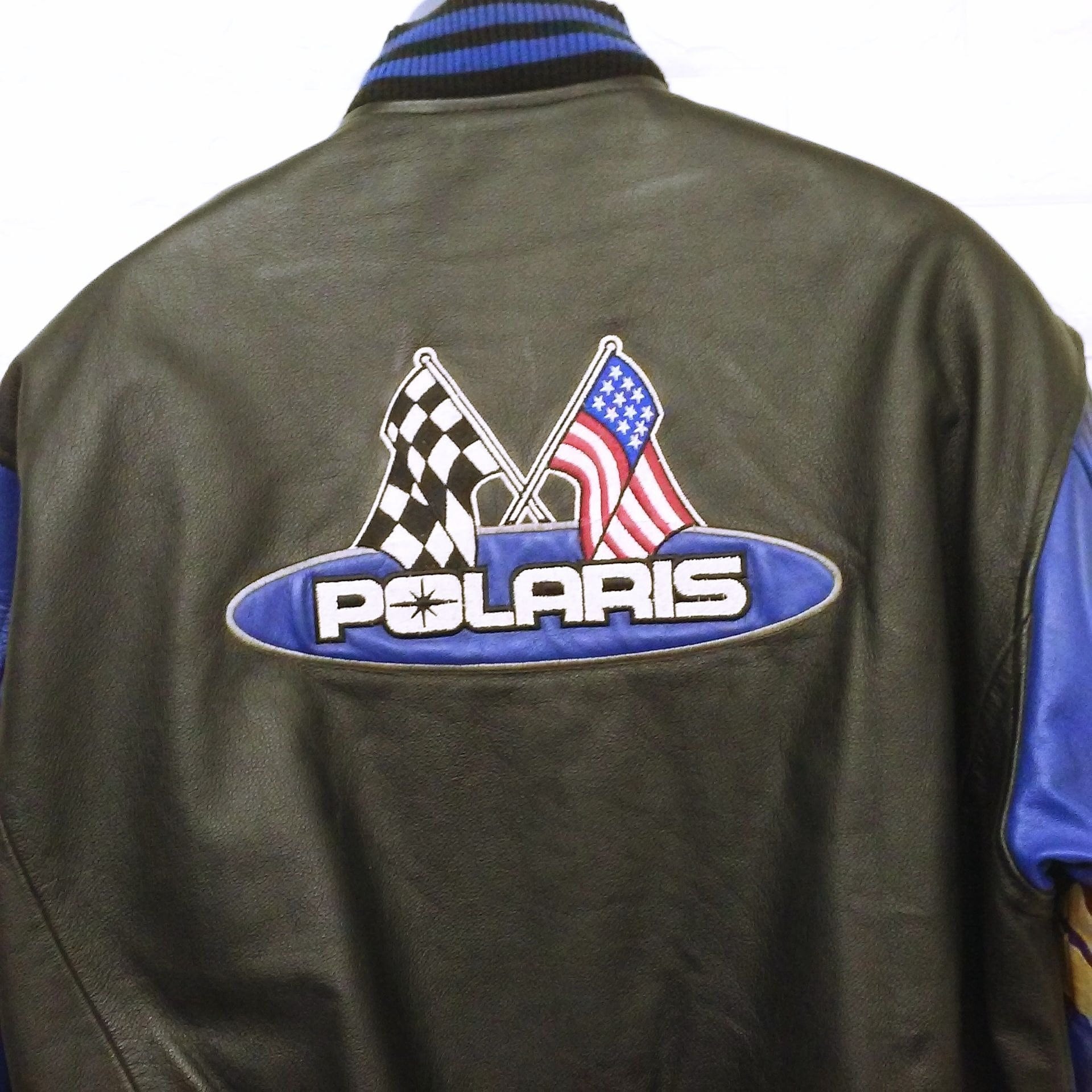 Vintage 80s Polaris Leather Bomber Jacket Mens-xl Embroidered Logos Patches Moto Varsity Racing ...