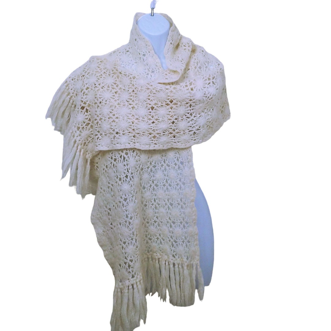Vintage 60s Shawl Wrap Scarf 63"x17" Loose Knit Textured Floral Fringe ...