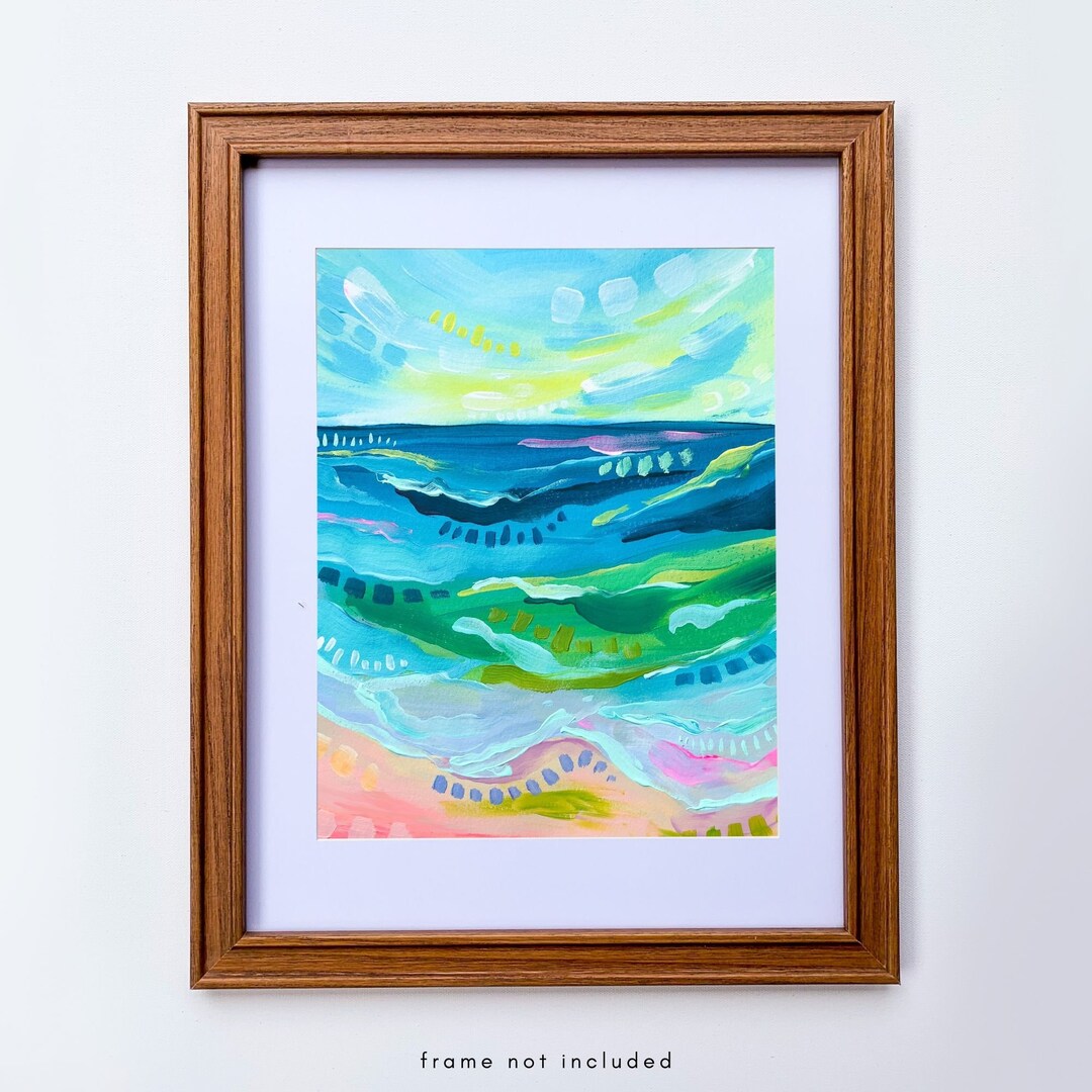 High Tide Print, Abstract Seascape Painting, Bright Colorful Beach ...