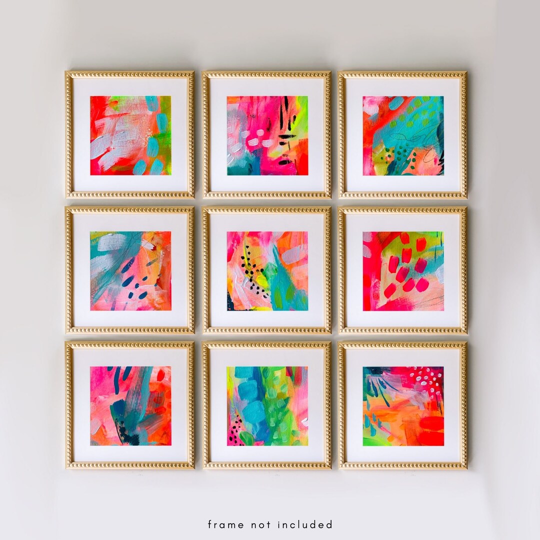 Neon Print Set, Hot Pink Teal Abstract Gallery Wall Set of 9 Prints ...