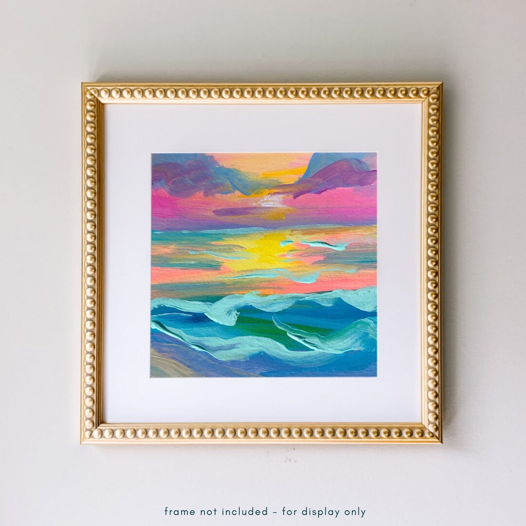 Peach Waves Print, Pink Beach Sunset Painting, Colorful Ocean Waves ...