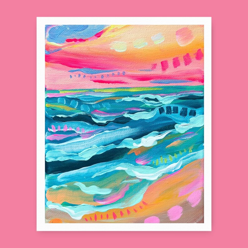Low Tide Print Pink Beach Sunset Painting Abstract Seascape - Etsy