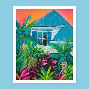 Florida Cottage Print, Colorful Tropical Palm Tree Painting, Coastal ...
