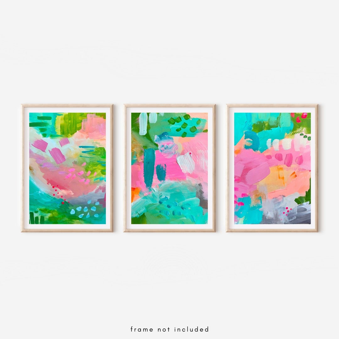 Aqua Print Set, Bright Teal Pink Abstract Gallery Wall Set of 3 Prints ...