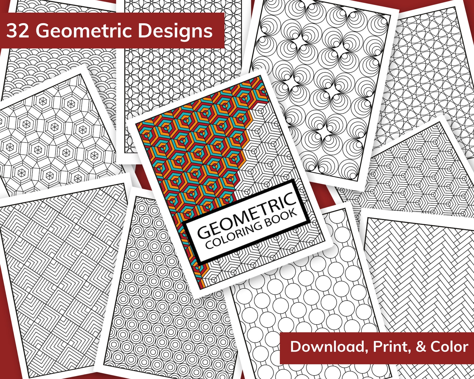 Printable Coloring Book 32 Geometric Designs to Print Color - Etsy