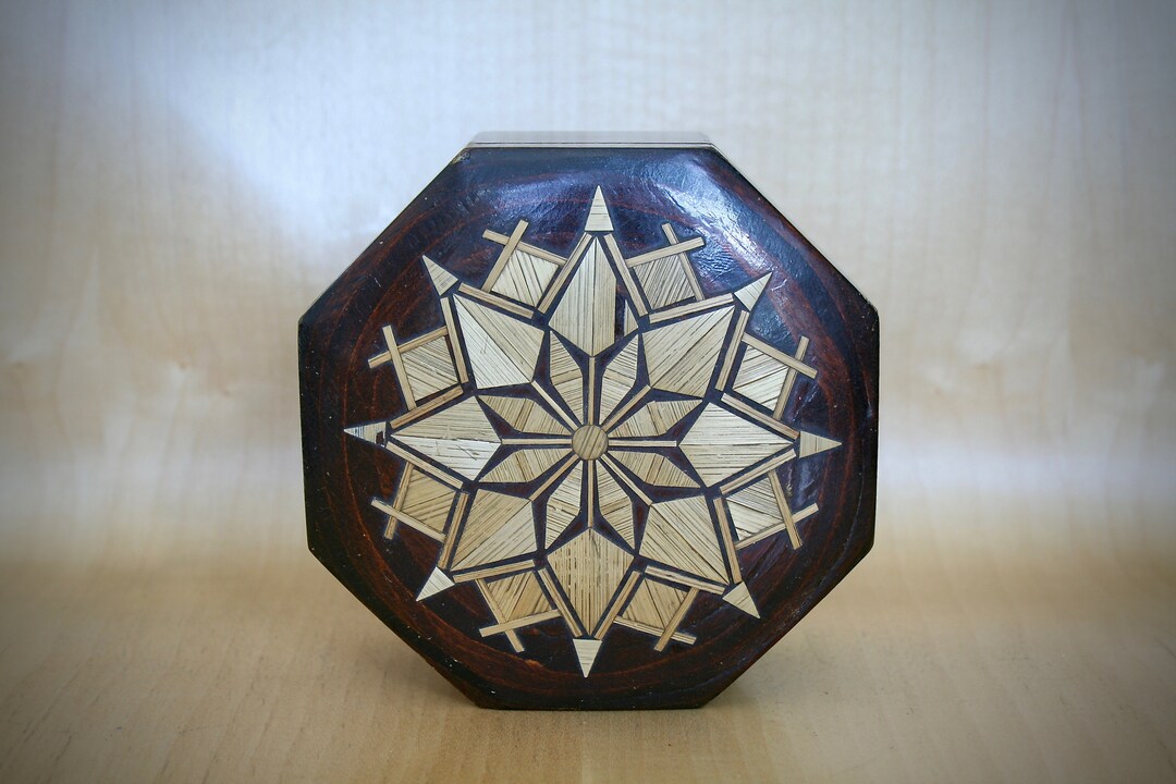 Vintage Octagon Shaped Wooden Box Decorated With Ornamental Straws ...