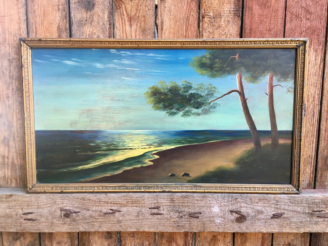 Hand Painted Oil Painting With Sea and Pine Trees, Vintage Landscape ...