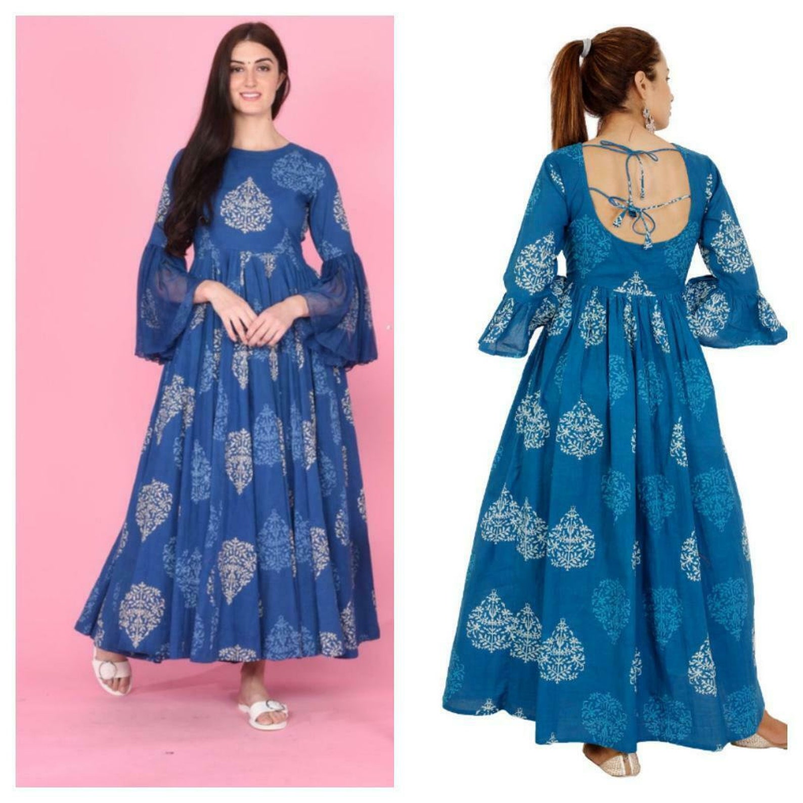 Women Blue Flared Anarkali Kurta From India Bollywood Style Etsy