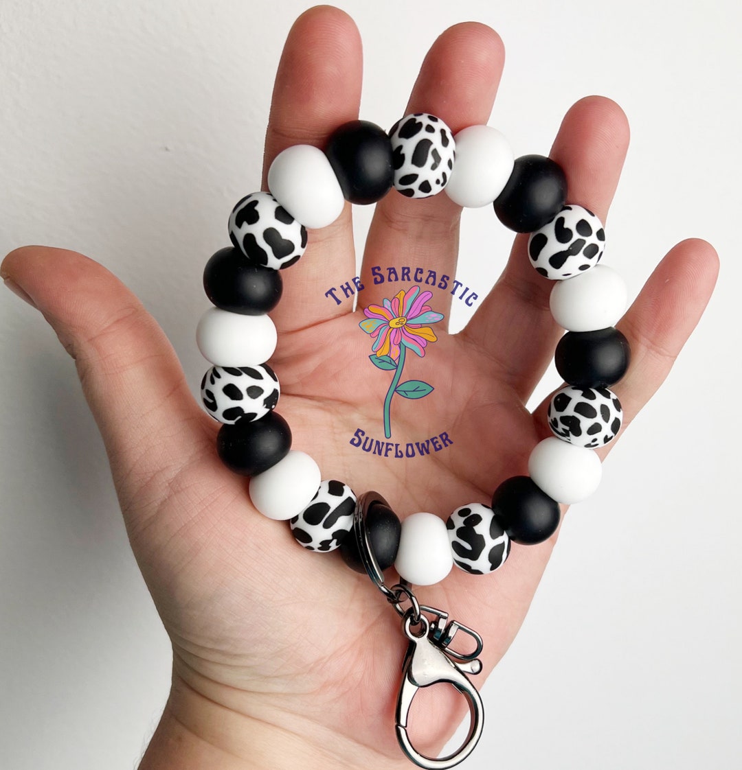 Black and White Cow Print Keychain Wristlet Silicone Bead - Etsy