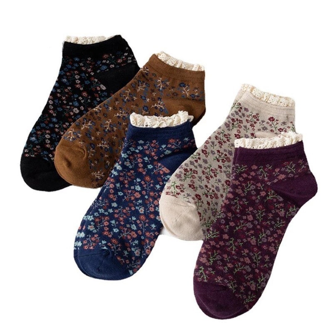 5 Pack Vintage Small Flower Lace Edge Premium Cotton Cute Womens Socks ...