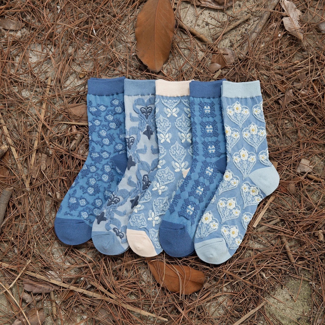 5 Pack Blue Floral Embroidery Theme Stylish Japan Style Womens Socks - Etsy