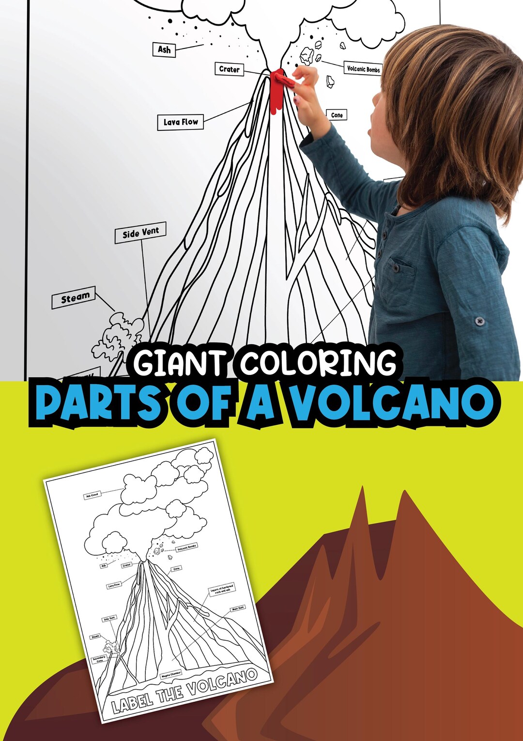 Giant Volcano Coloring Poster | Parts of a Volcano Science Activity ...