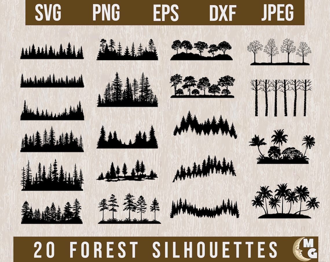 Bundle forêt SVG, paysage SVG, silhouette de la forêt, fichiers ...