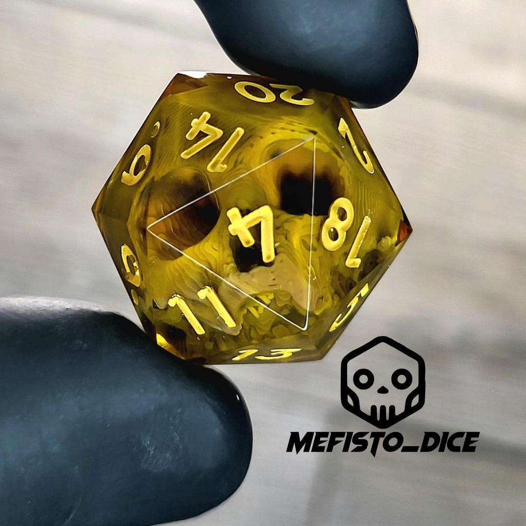 D20 Dice With Skull Inside and Yellow Resin, Numbers Painted in Yellow ...