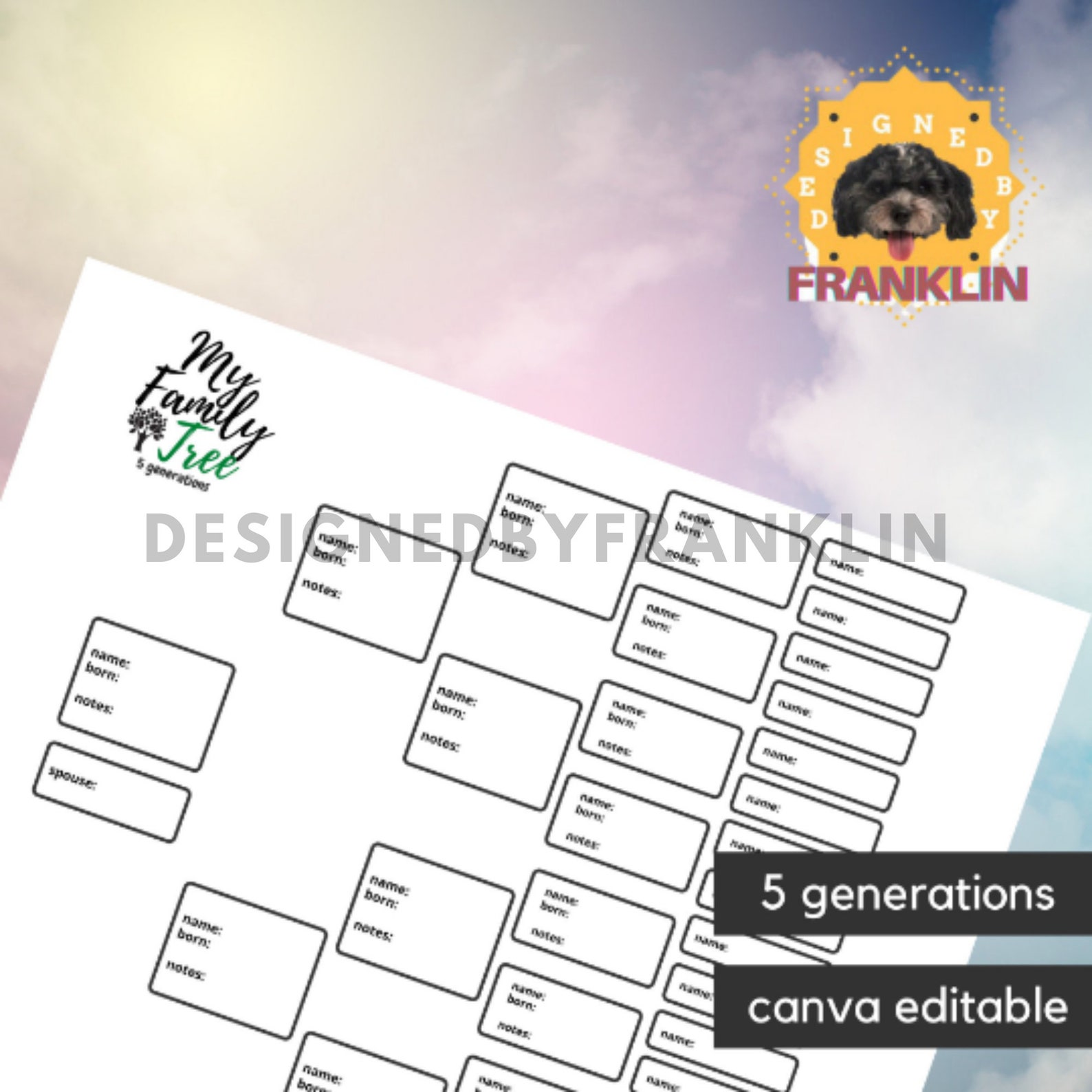 4 and 5 Generations Family Tree Template Canva Editable Printable - Etsy