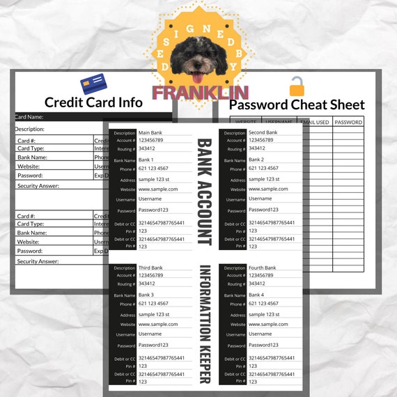 Bank Account Information Keeper Canva Editable Credit Card | Etsy