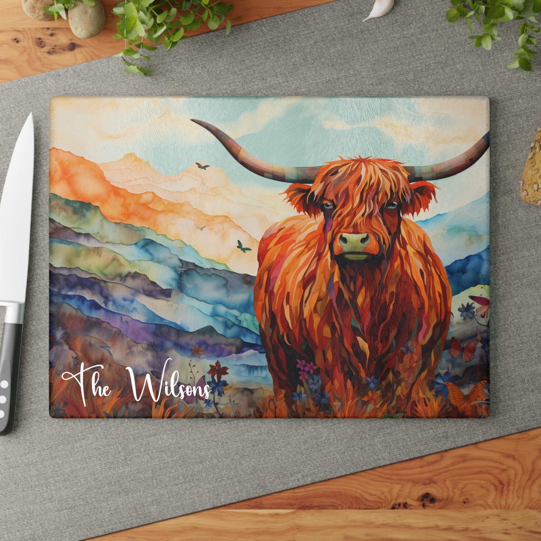 Personalized Highland Cow Glass Cutting Board, Newlywed Gift ...