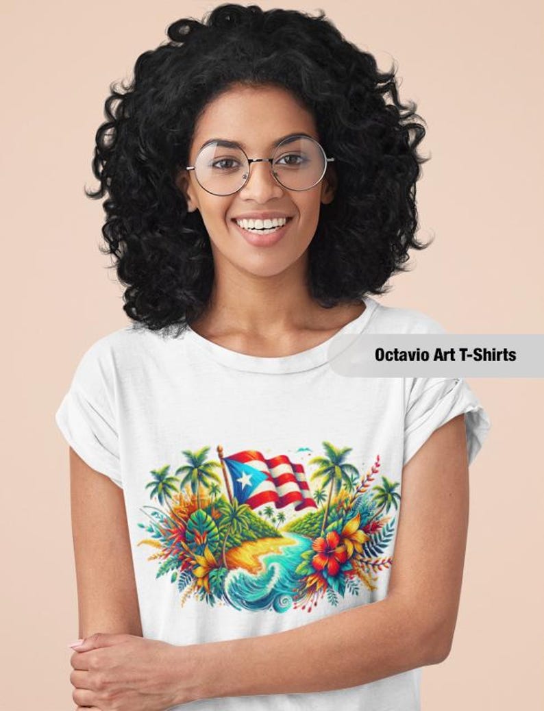 Camiseta con la bandera de Puerto Rico: flores de hibisco y olas del ...