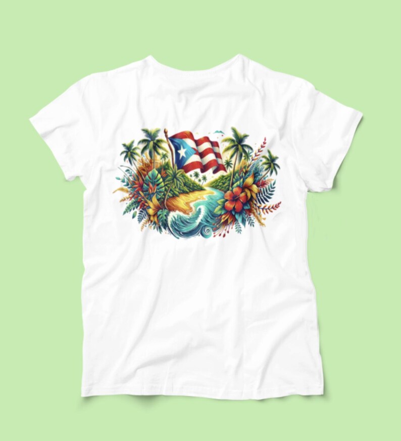 Camiseta con la bandera de Puerto Rico: flores de hibisco y olas del ...
