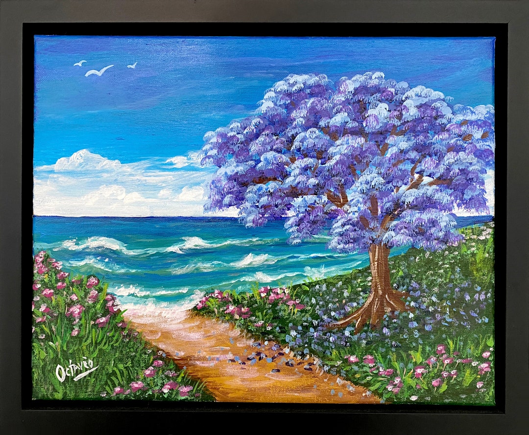 Jacaranda Tree Original Painting Acrylic Framed Canvas Landscape Blue ...