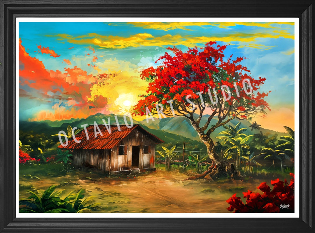 Red Flamboyant Tree Giclee Print: Puerto Rico Country House Landscape ...