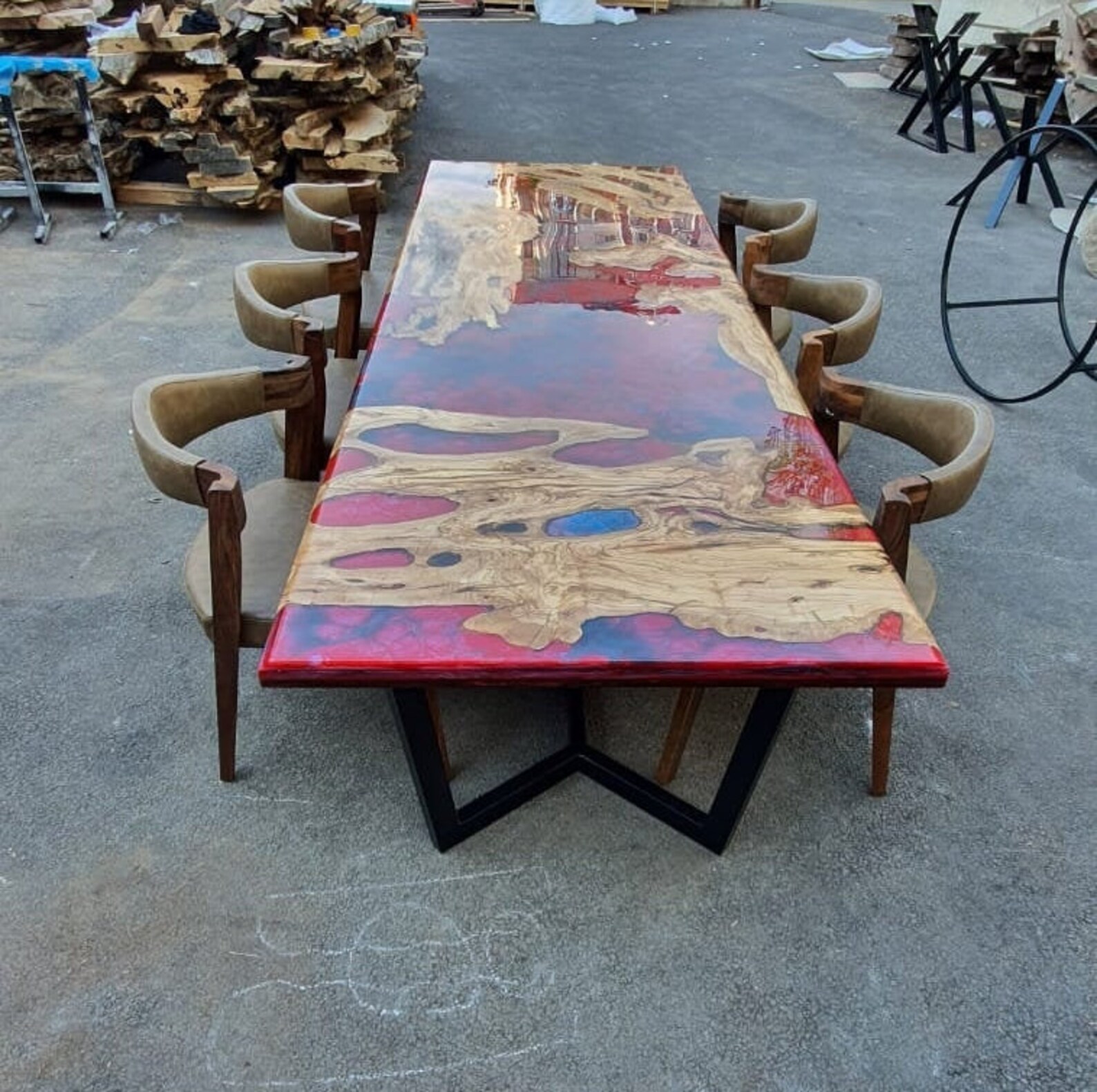 Red Epoxy Resin Olive Dining Table, Live Edge Table, Custom Dining ...