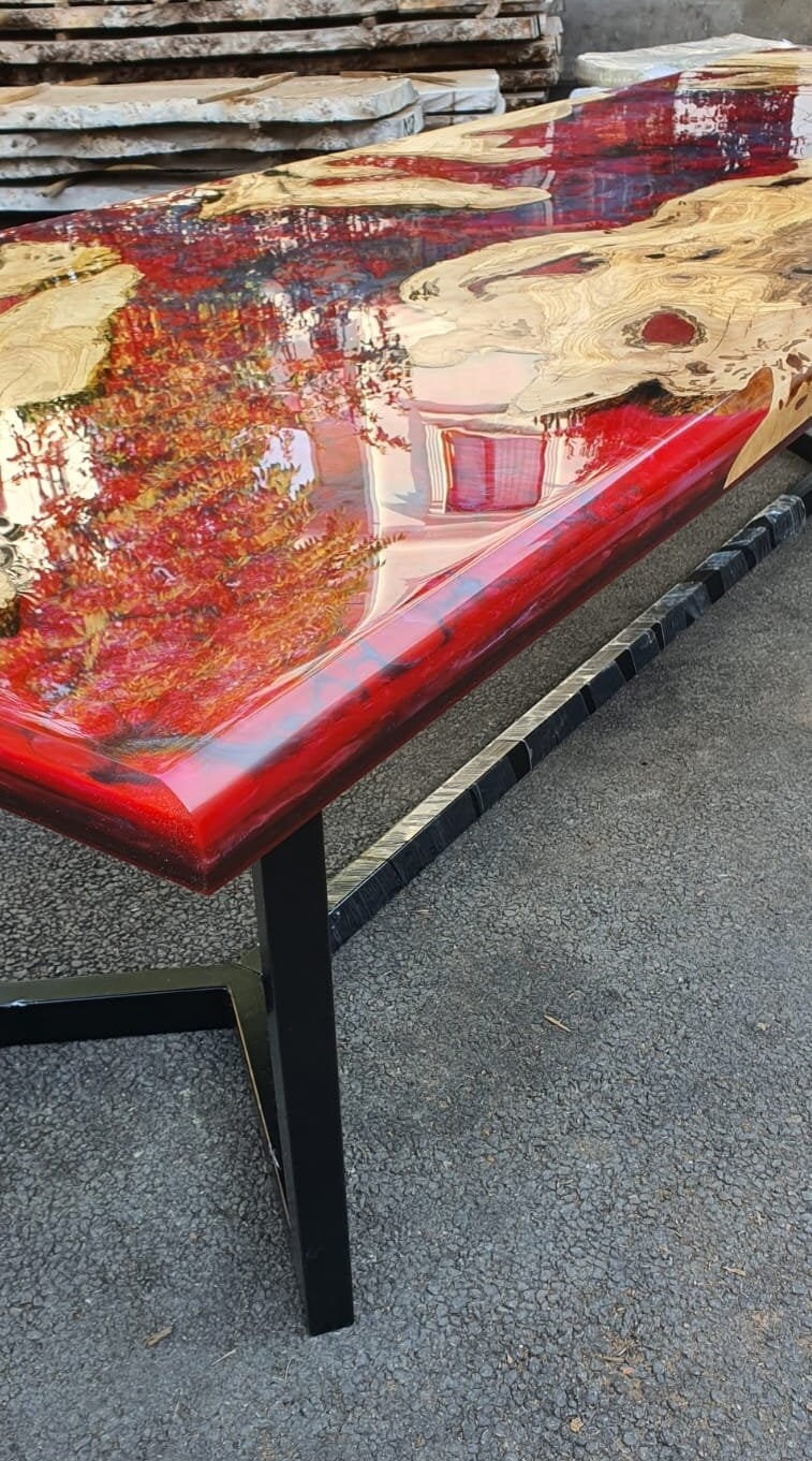 Red Epoxy Resin Olive Dining Table, Live Edge Table, Custom Dining ...