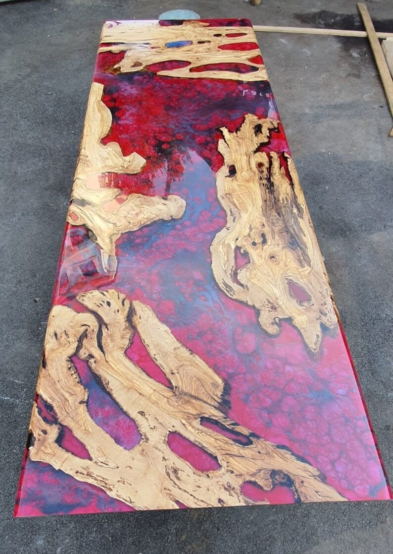 Red Epoxy Resin Olive Dining Table, Live Edge Table, Custom Dining ...