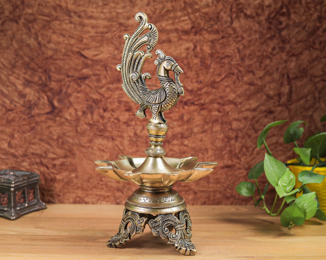 34 Cm Peacock Diya Table Oil Lamp Temple Brass Peacock Diya | Etsy