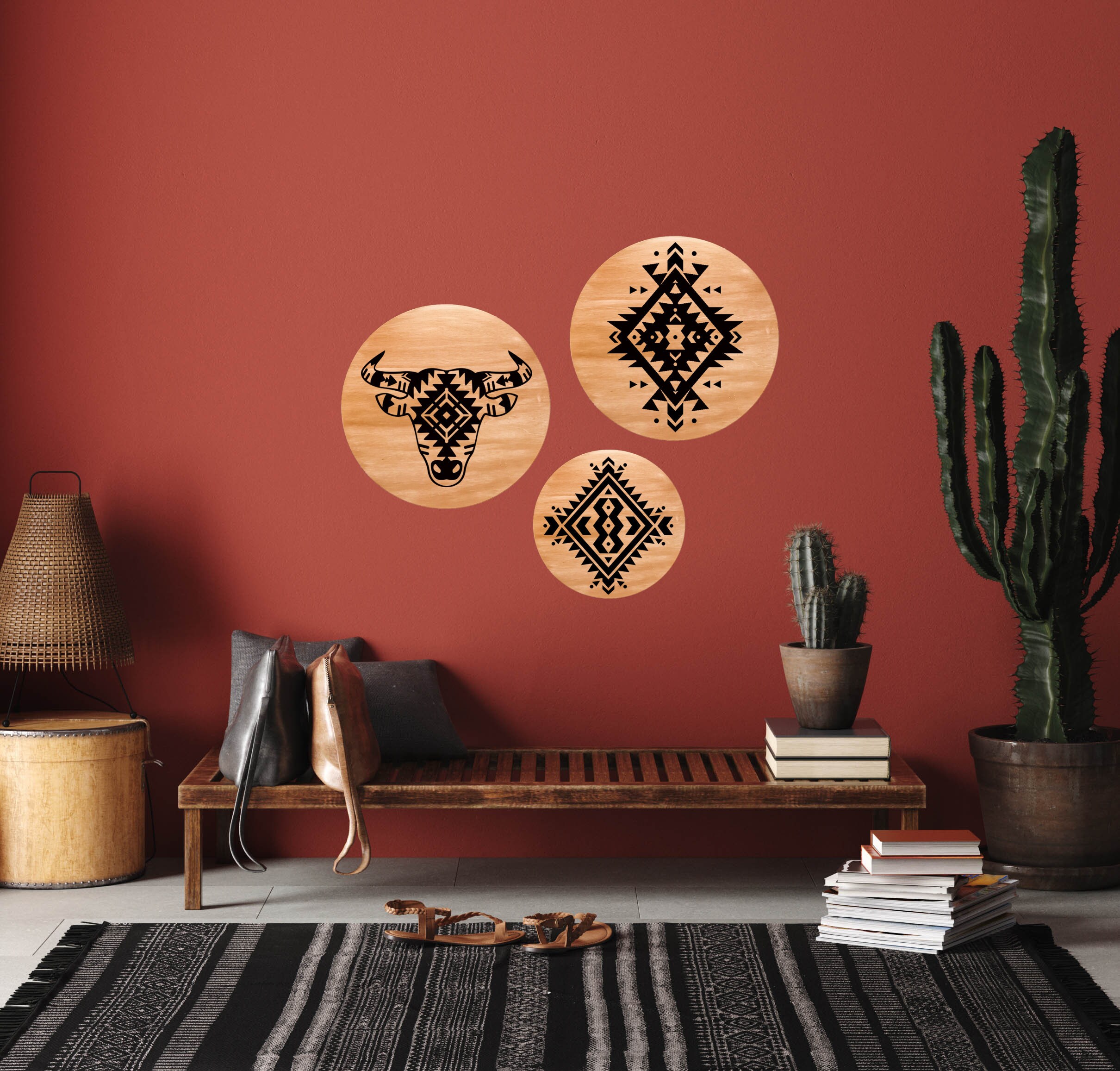 Set of 5 murals round wooden sign Aztec pattern boho | Etsy