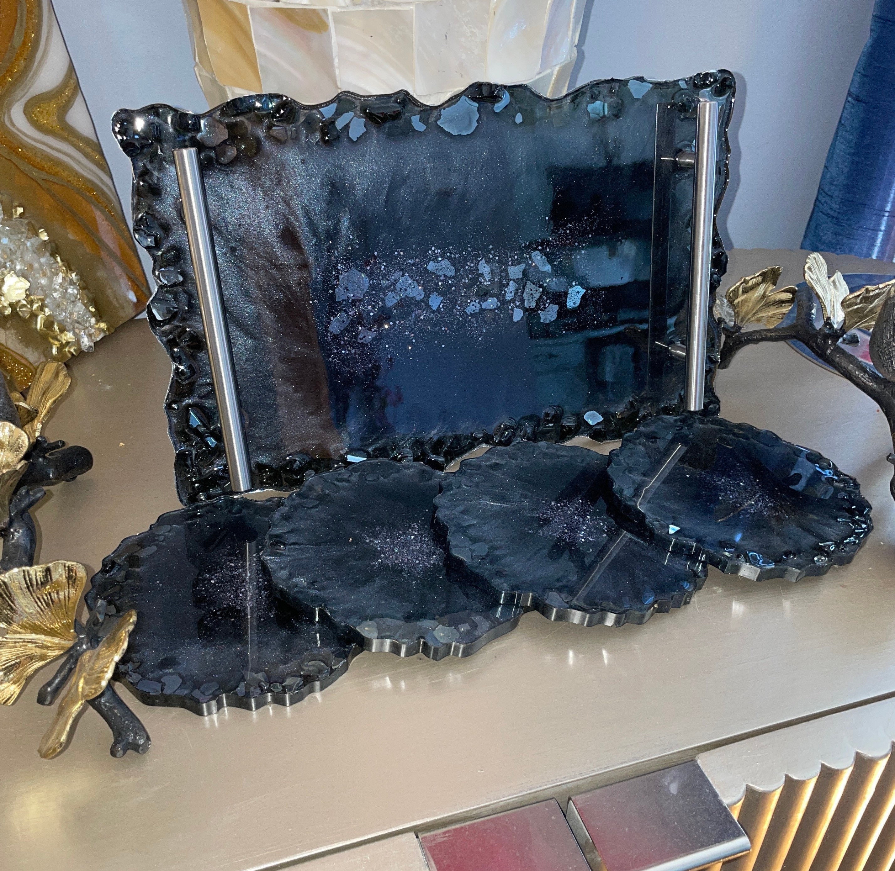 Resin Tray and Coaster Set With Glass Edges Resin Agate Tray - Etsy