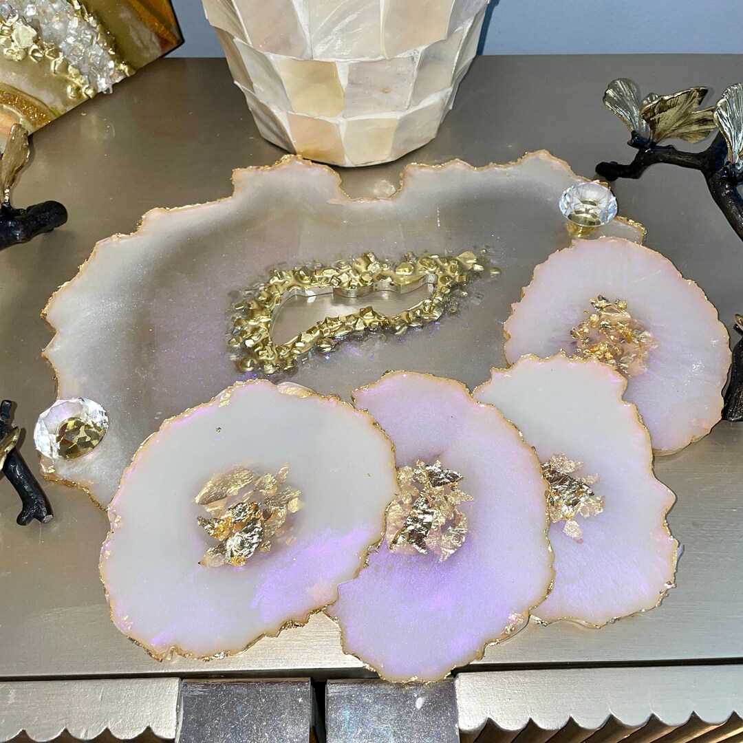 Resin Geode Tray and Coaster Set Tray With Crystal Handles Agate Tray ...