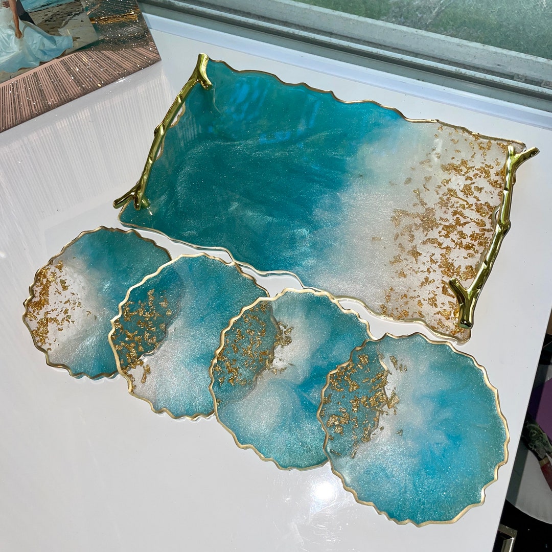 Resin Tray and Coaster Set Resin Beach Tray Tray With Handles and ...