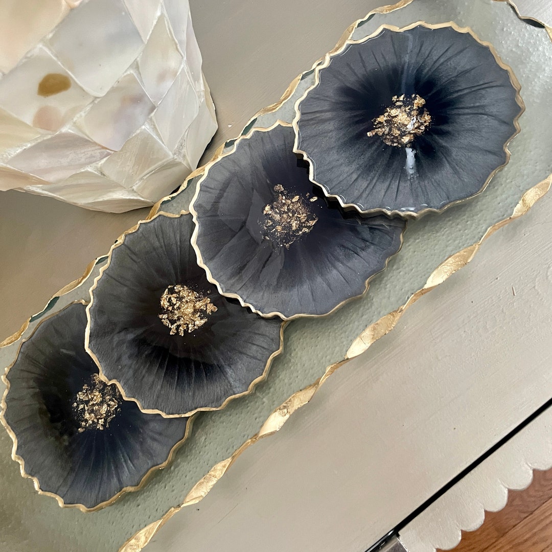 Resin Coaster Set | Tray With Handles | Epoxy Geode Agate Coaster Set ...