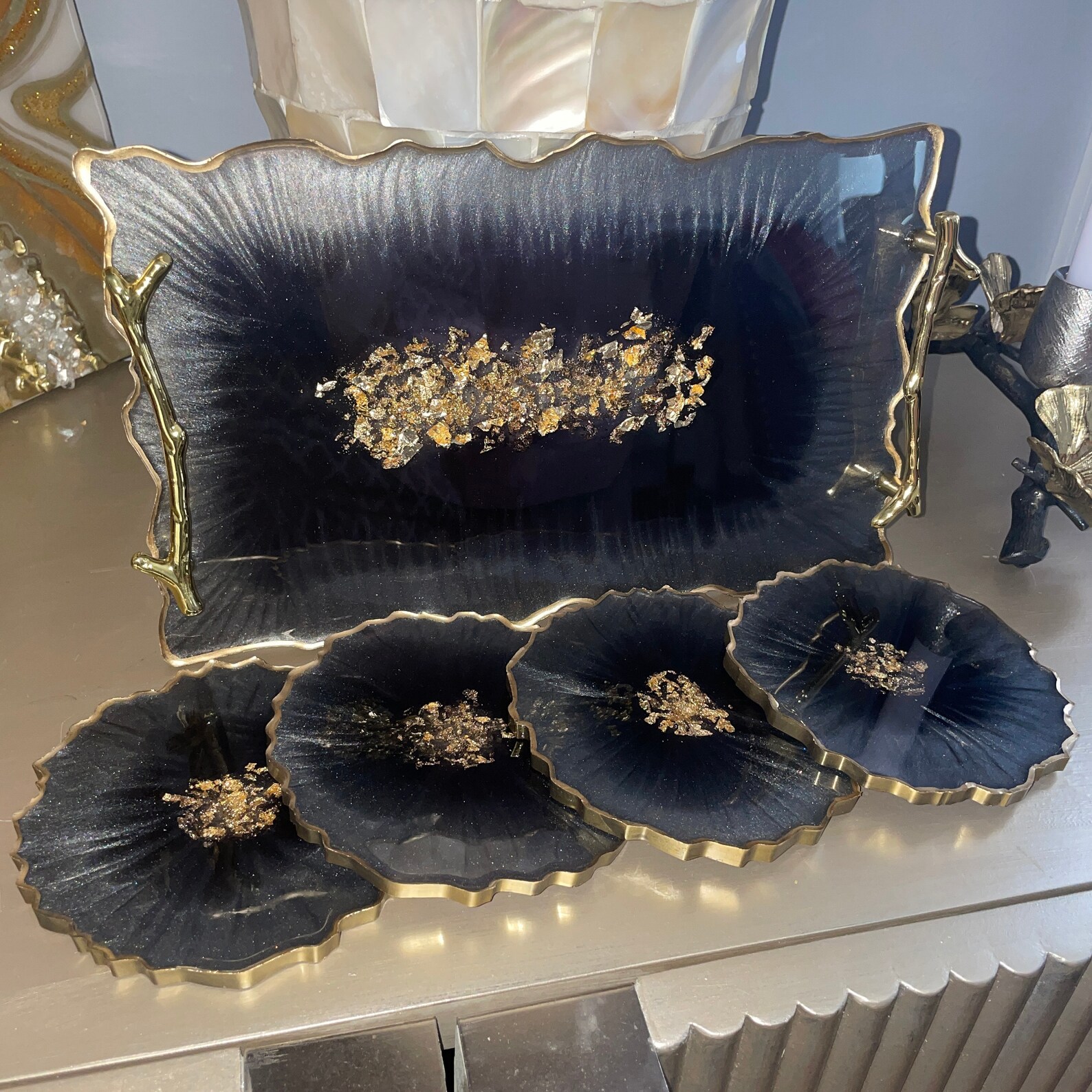 Resin Coaster Set Tray With Handles Epoxy Geode Agate | Etsy