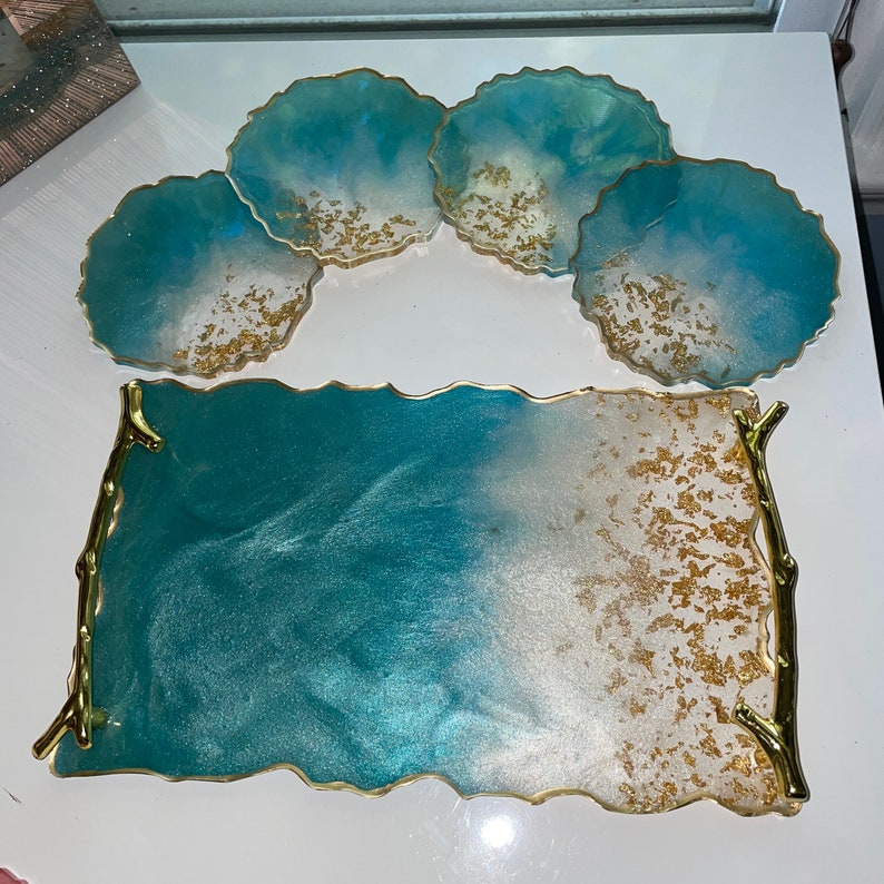 Ocean Waves Tray and Coasters, Beach Style Resin Tray, Coastal Home ...