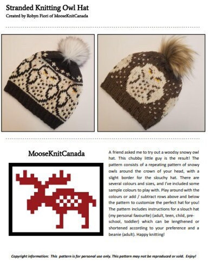 Mooseknitcanada Owl Hat Pattern - Etsy