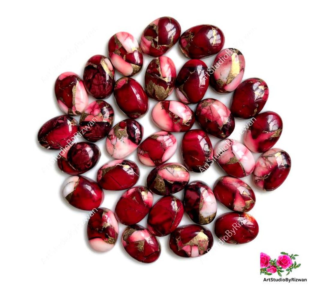Red Rose Dahlia Mohave Copper Turquoise Cabochon Lot, Calibrated Oval ...