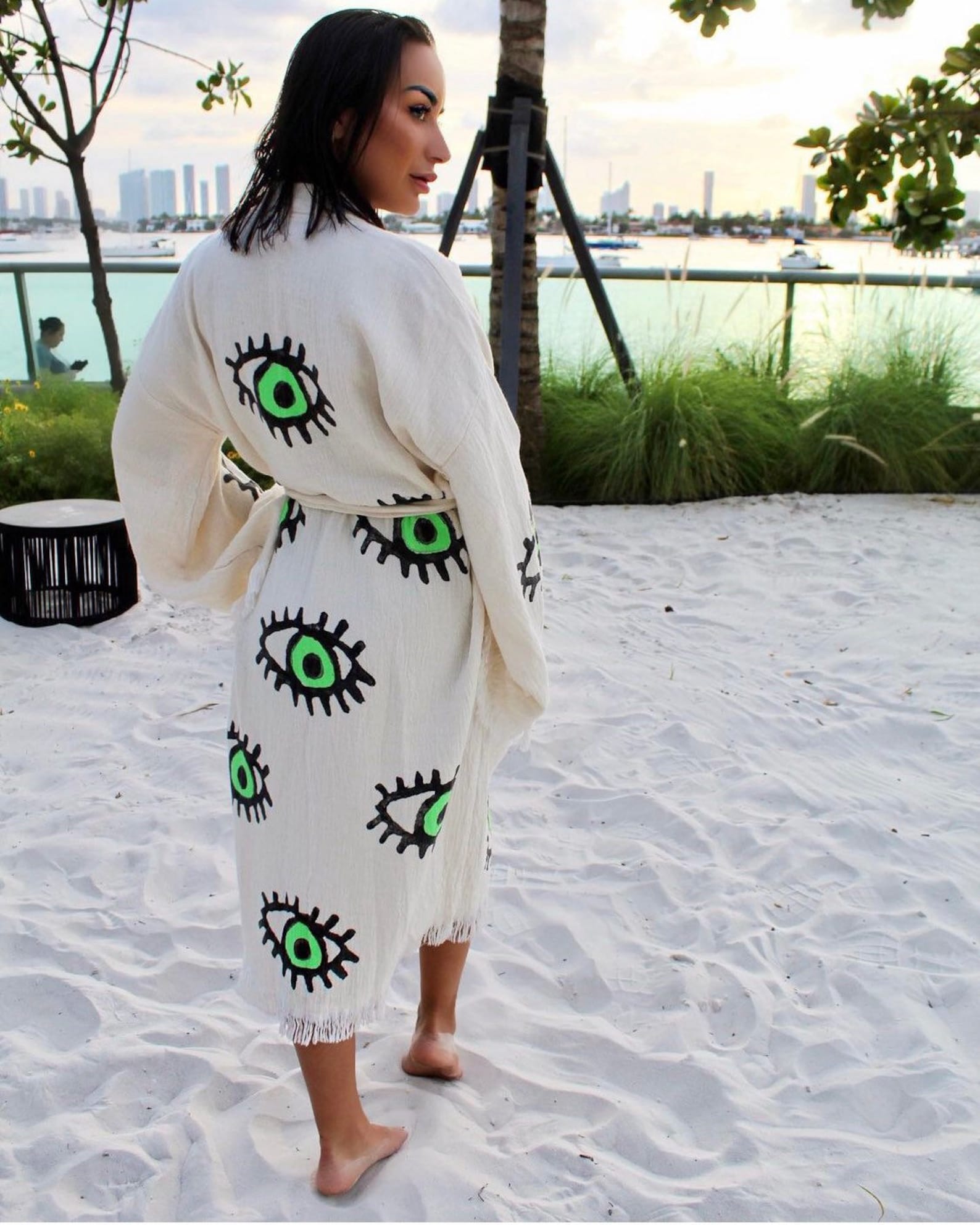 Turkish Cotton Green Evil Eye Kimono Cardigan Robe Evil Eye - Etsy