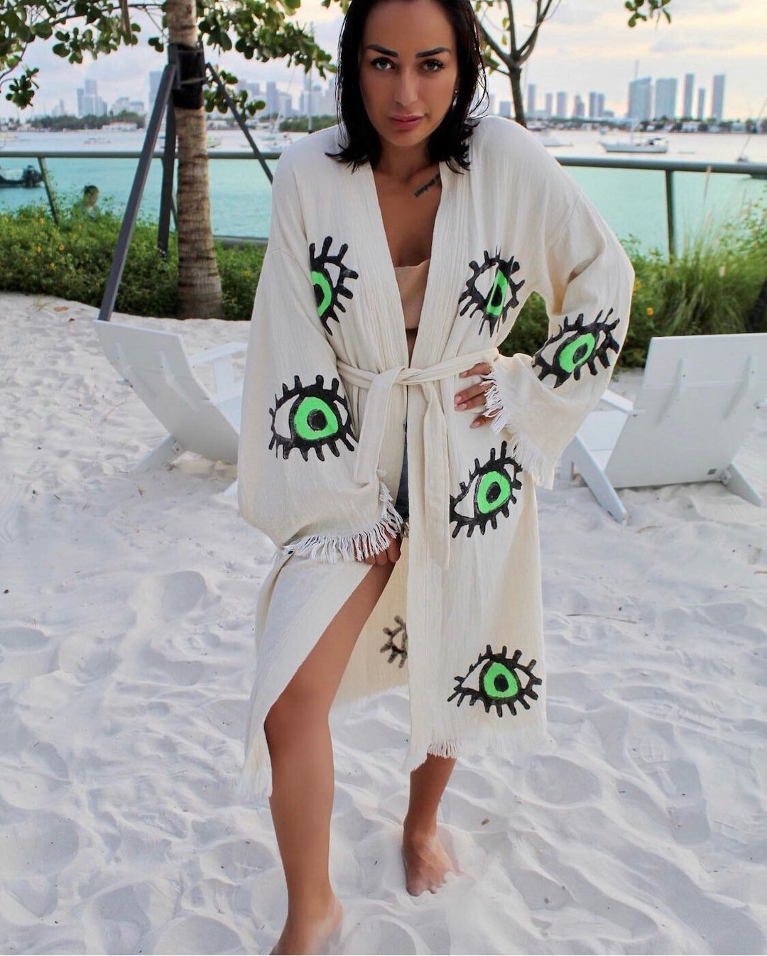 Turkish Cotton Green Evil Eye Kimono, Cardigan Robe, Evil Eye Ethnic ...
