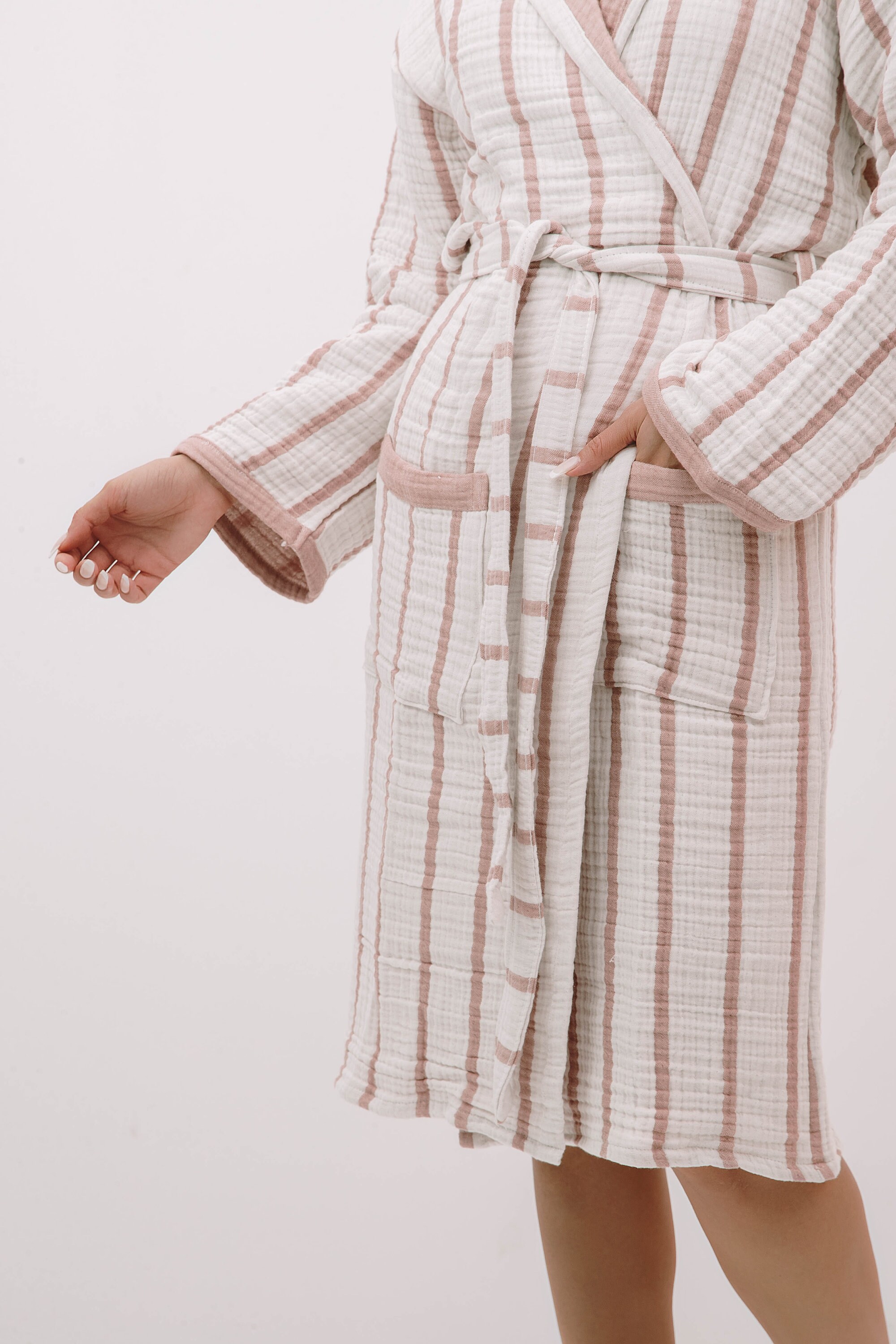 Muslin Cotton Kimono Robe, Striped Boho Bathrobe, Hooded Dressing Gown ...