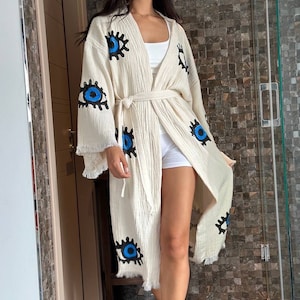 Handmade Print Evil Eye Bathrobe, Boho Festival Kimono Robe, Beachwear ...