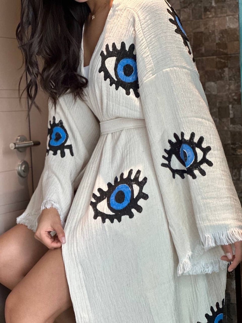 Handmade Print Evil Eye Bathrobe, Boho Festival Kimono Robe, Beachwear ...