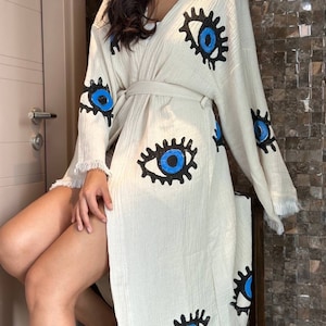 Handmade Print Evil Eye Bathrobe, Boho Festival Kimono Robe, Beachwear ...
