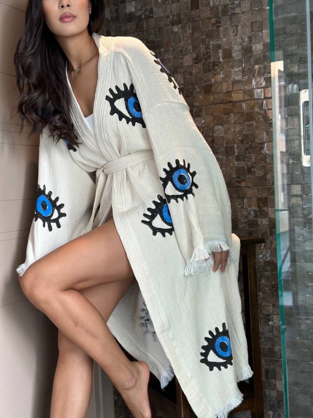 Handmade Print Evil Eye Bathrobe, Boho Festival Kimono Robe, Beachwear ...